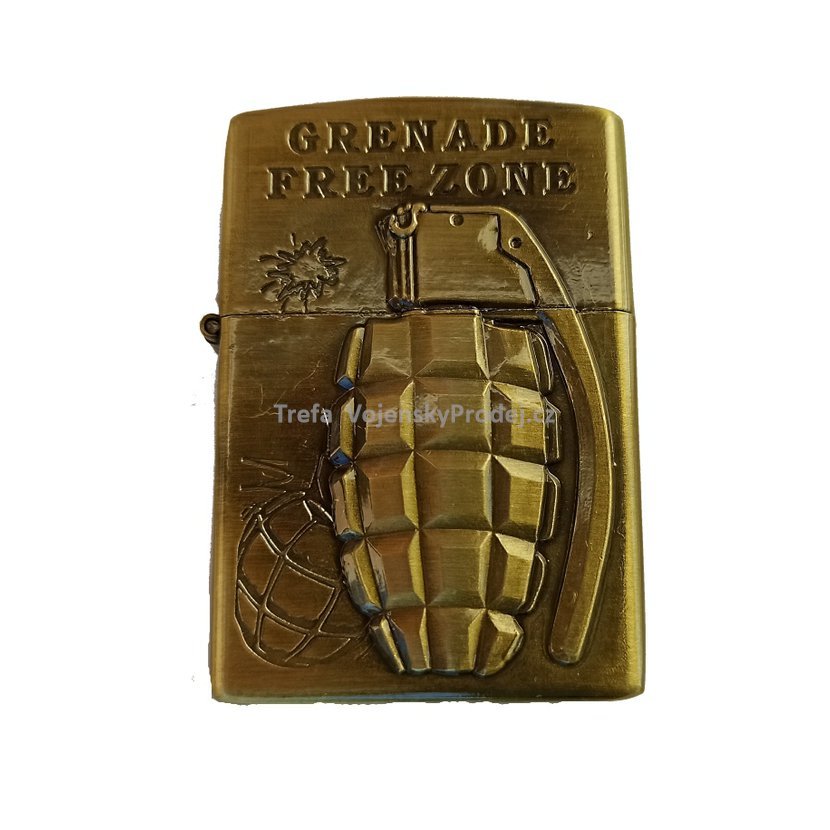 Stylový zapalovač na benzin, dárkový, motiv army GRENADE FREE ZONE ...
